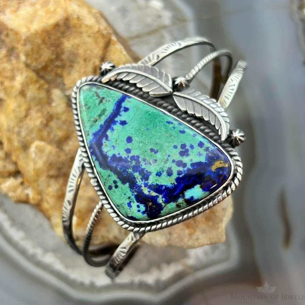 Sterling Silver Southwestern Style Large Triangle Azurite Decorated Br