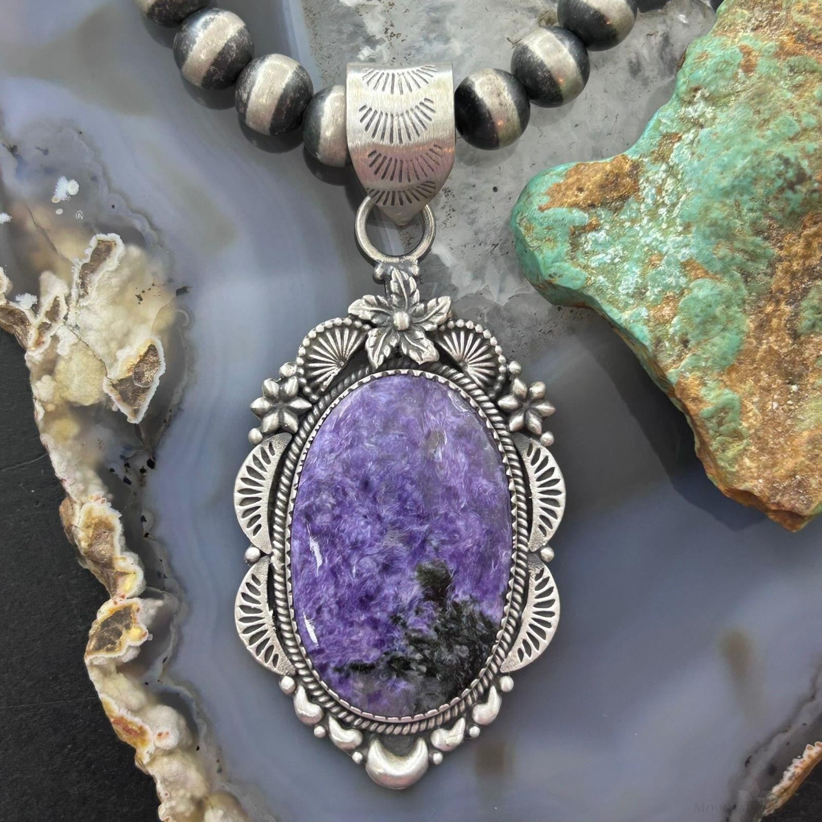 Sterling Silver Southwestern Style Oval Charoite Decorated Pendant For ...