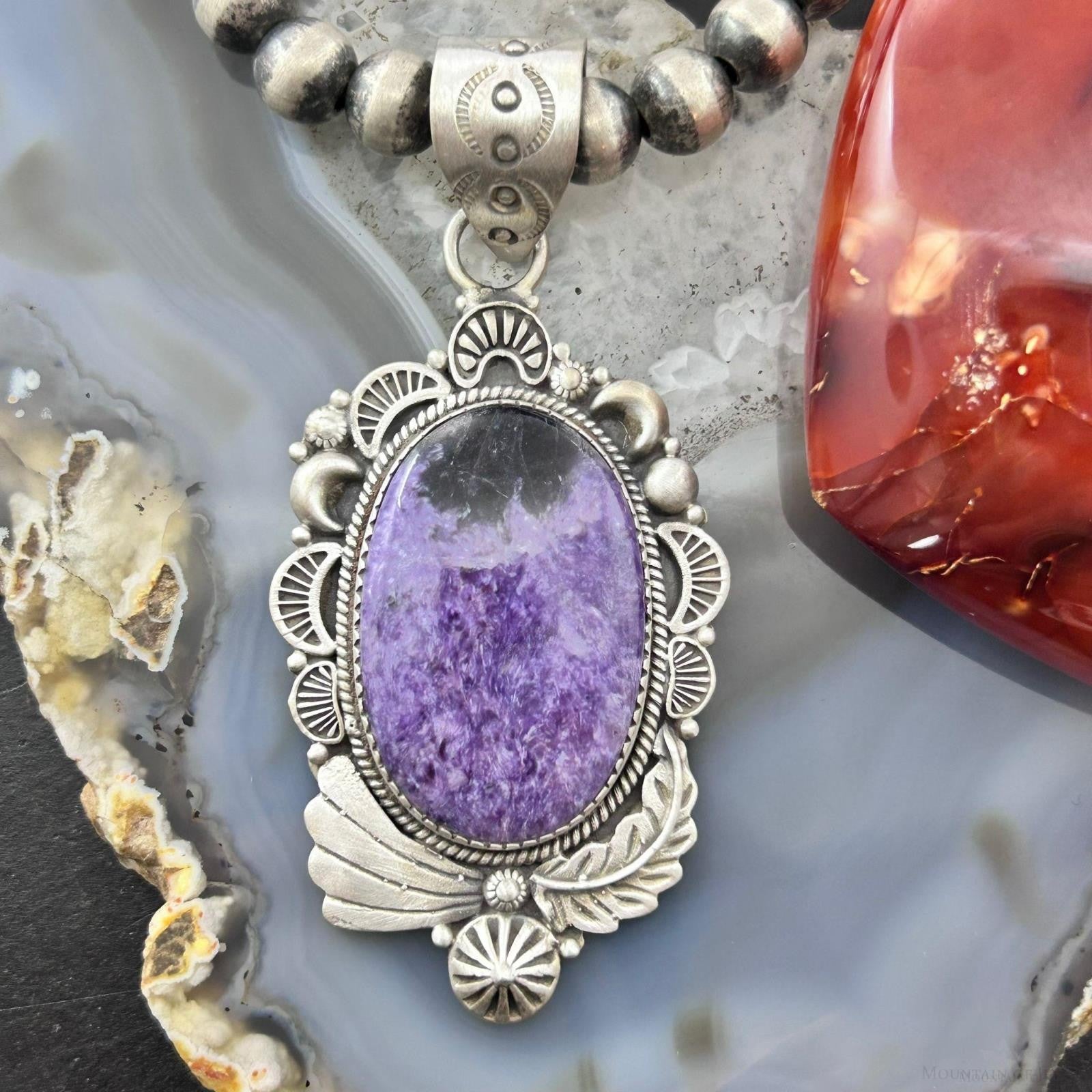 Sterling Silver Southwestern Style Oval Charoite Decorated Pendant For ...